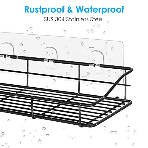 ODesign Adhesive Bathroom Shelf Shower Caddy with Hooks Razor Bath Sponge Holder Kitchen Storage Organizer Spice Rack Wall Mount No Drilling Rustproof Stainless Steel Black - 2 Tier