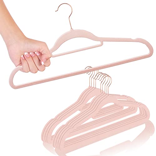 PUREVACY Velvet Non Slip Hangers Rose Gold 17.5", Pack of 10 Slim Velvet Hangers, Durable and Thin Velvet Coated Hangers for Clothes, Lightweight Velvet Hangers with Rose Gold Hooks