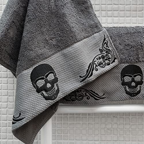 Skullistic Gothic Skull Embroidery Hand Towel 2pcs Set, 100% Cotton | Decorative Bathroom Towel for Hands & Face, Halloween Decor