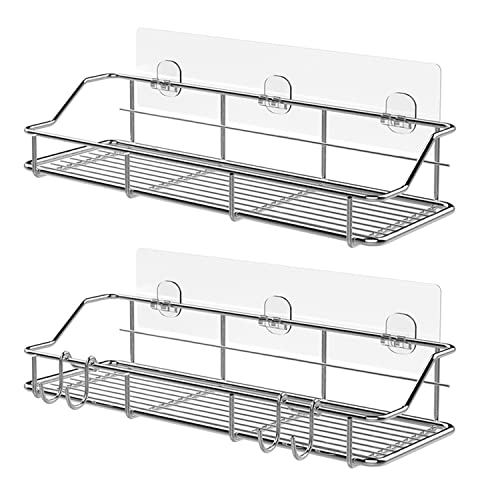 KESOL Adhesive Shower Caddy Shower Shelf Shower Organizer for Bathroom Organization with Hooks, SUS304 Stainless Steel, 2 Pack (Silver)