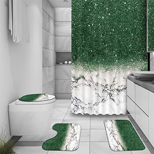 JQH store 4PCS Green Marble Shower Curtain Set with Non-Slip Rugs Toilet Lid Cover and Bath Mat Shower Curtain with 12 Hooks Bathroom Sets with Shower Curtain and Rugs and Accessories