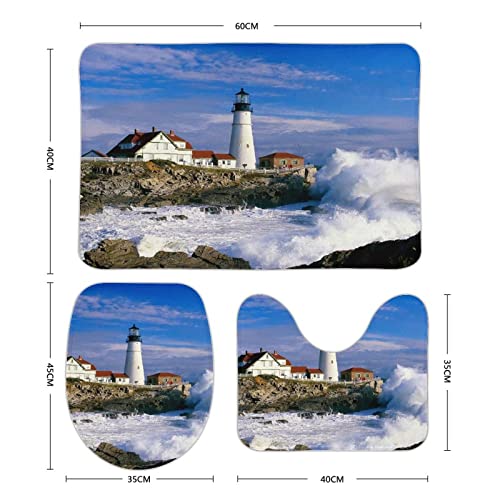 3 Piece Bathroom Rugs Set,Set Lighthouse Beautiful City and Town Scenery Sea Wave,Bath Rugs with U Contour Toilet Mat and Rugs Bath Mats Set,Bath Rugs Runner for Bathroom, White-style-4, 15''x25''