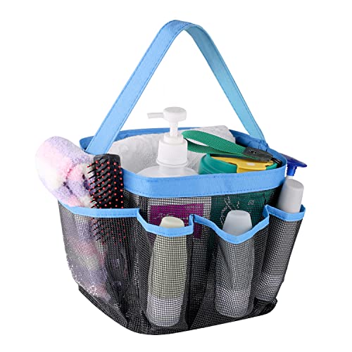 Shower Tote Bag, Portable Shower Caddy Tote Organizer with Handle and 7 Pockets, Mesh Shower Bag for Dorm Room Gym Bathroom Camping, Large Capacity (Black, Blue)