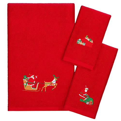 Shojoy 3 Pack Christmas Towels Set 100% Cotton Large Size Christmas Theme Towels Embroidery Christmas Bath Towels Hand Towels Facial Towels for Home Bathroom Kitchen (Red, 3 Sizes)