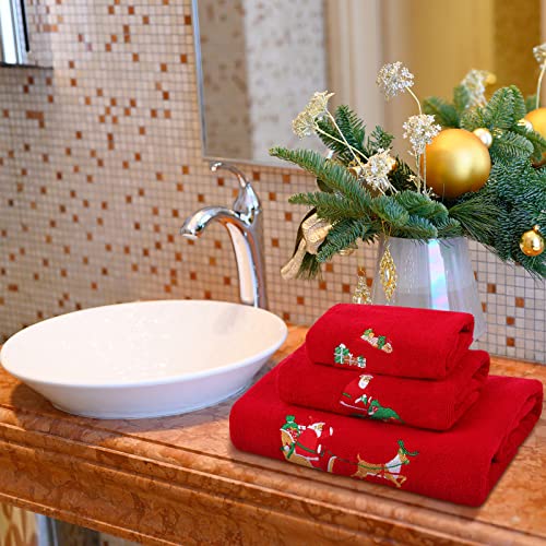 Shojoy 3 Pack Christmas Towels Set 100% Cotton Large Size Christmas Theme Towels Embroidery Christmas Bath Towels Hand Towels Facial Towels for Home Bathroom Kitchen (Red, 3 Sizes)