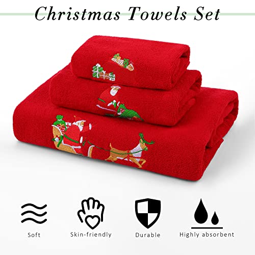 Shojoy 3 Pack Christmas Towels Set 100% Cotton Large Size Christmas Theme Towels Embroidery Christmas Bath Towels Hand Towels Facial Towels for Home Bathroom Kitchen (Red, 3 Sizes)