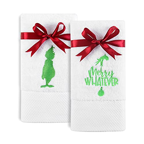 Quera 2 Pack Merry Whatever Christmas Hand Towels 100% Cotton Funny Embroidered Premium Luxury Decor Bathroom Decorative Dish Towels Set for Drying Cleaning Holiday Towels Gift Set 13.7'' x 29.5''