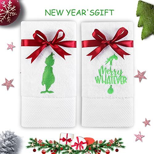 Quera 2 Pack Merry Whatever Christmas Hand Towels 100% Cotton Funny Embroidered Premium Luxury Decor Bathroom Decorative Dish Towels Set for Drying Cleaning Holiday Towels Gift Set 13.7'' x 29.5''