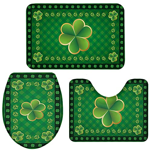 Apular Fashion 3 Piece Bath Rugs Set St. Patrick's Day Shamrock Clover Printed Non Slip Ultra Soft Bathroom Mats, U Shape Mat and Toilet Lid Cover Mat Bath Mats