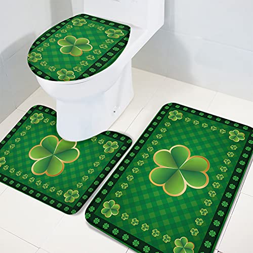 Apular Fashion 3 Piece Bath Rugs Set St. Patrick's Day Shamrock Clover Printed Non Slip Ultra Soft Bathroom Mats, U Shape Mat and Toilet Lid Cover Mat Bath Mats