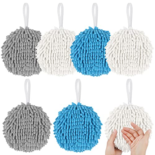 Aodaer 6 Pack Chenille Hanging Hand Towel with Hanging Loop Plush Quick-Drying Towel Soft Absorbent Hand Towel for Bathroom Hand Dry Kitchen (White, Gray, Blue)