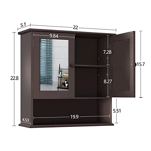 TaoHFE Brown Medicine Cabinets for Bathroom with Mirror 2 Doors 3 Open Shelf Bathroom Hanging Cabinet Wall Mounted Wooden Bathroom Storage Cabinet Over Toilet Bathroom Cabinet Laundry Room Kitchen