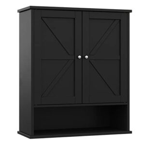 reettic two door wall cabinet, wooden medicine cabinet, wall mounted bathroom storage cabinet with inner adjustable shelf, for bathroom, kitchen, entryway, black bmgz103b