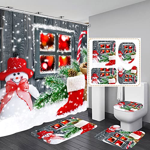 RinRinfam 4Pcs Christmas Shower Curtain Set,Snowman Socks Christmas Trees Curtain with Non-Slip Rug,Toilet Lid Cover,U Shape Mat,Curtain with 12 Hooks Bathroom Decor Sets,Red 72"×72"