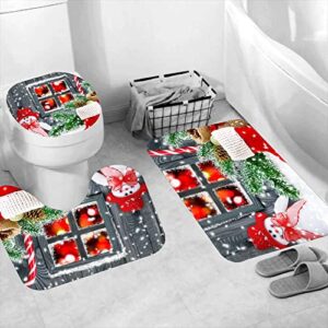 RinRinfam 4Pcs Christmas Shower Curtain Set,Snowman Socks Christmas Trees Curtain with Non-Slip Rug,Toilet Lid Cover,U Shape Mat,Curtain with 12 Hooks Bathroom Decor Sets,Red 72"×72"