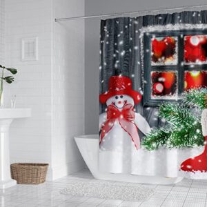 RinRinfam 4Pcs Christmas Shower Curtain Set,Snowman Socks Christmas Trees Curtain with Non-Slip Rug,Toilet Lid Cover,U Shape Mat,Curtain with 12 Hooks Bathroom Decor Sets,Red 72"×72"