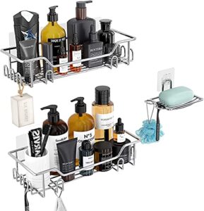 kefanta adhesive shower shelves,shower caddy organizer with 18 hooks,drilling free razor shower shampoo soap holder,3 pack shower racks for inside shower,stainless steel/silver