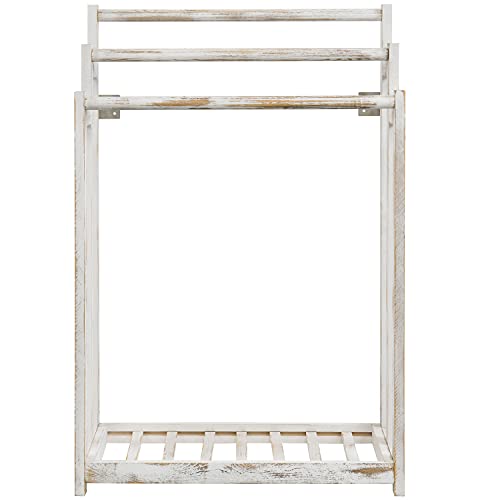 MyGift Shabby Whitewashed Wood Freestanding 3 Bar Towel Rack Holder with Bottom Storage Shelf, Laundry and Bathroom Towel Drying Rack