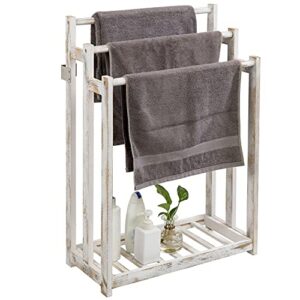 MyGift Shabby Whitewashed Wood Freestanding 3 Bar Towel Rack Holder with Bottom Storage Shelf, Laundry and Bathroom Towel Drying Rack