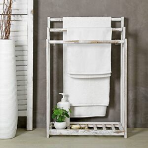 MyGift Shabby Whitewashed Wood Freestanding 3 Bar Towel Rack Holder with Bottom Storage Shelf, Laundry and Bathroom Towel Drying Rack