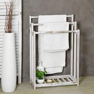 MyGift Shabby Whitewashed Wood Freestanding 3 Bar Towel Rack Holder with Bottom Storage Shelf, Laundry and Bathroom Towel Drying Rack