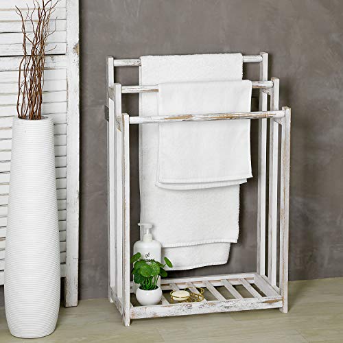 MyGift Shabby Whitewashed Wood Freestanding 3 Bar Towel Rack Holder with Bottom Storage Shelf, Laundry and Bathroom Towel Drying Rack