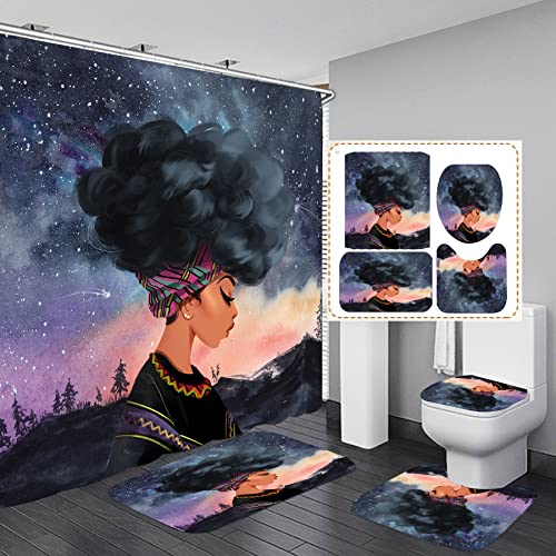 African American Shower Curtains for Bathroom, Black Girl Bathroom Sets with Shower Curtain and Rugs and Accessories, 4PCS Bathroom Decor Sets (Purple)