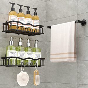 seirione set of 3 adhesive shower caddy,solid bathroom shower organizer,rustproof shower shelves for inside shower,large capacity shower racks for inside shower,in shower storage with 8 hooks,black