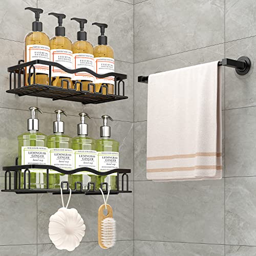 SEIRIONE Set of 3 Adhesive Shower Caddy,Solid Bathroom Shower Organizer,Rustproof Shower Shelves for Inside Shower,Large Capacity Shower Racks for Inside Shower,In Shower Storage with 8 Hooks,Black