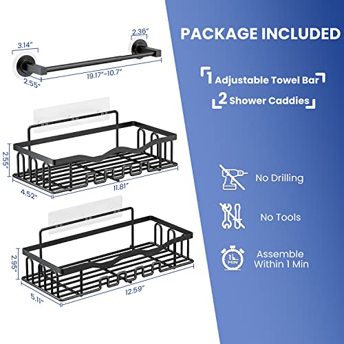 SEIRIONE Set of 3 Adhesive Shower Caddy,Solid Bathroom Shower Organizer,Rustproof Shower Shelves for Inside Shower,Large Capacity Shower Racks for Inside Shower,In Shower Storage with 8 Hooks,Black