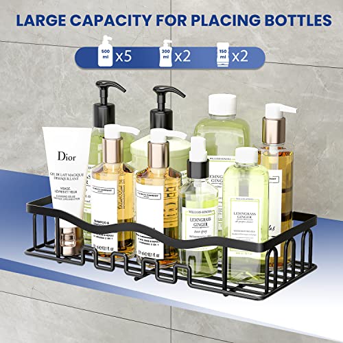 SEIRIONE Set of 3 Adhesive Shower Caddy,Solid Bathroom Shower Organizer,Rustproof Shower Shelves for Inside Shower,Large Capacity Shower Racks for Inside Shower,In Shower Storage with 8 Hooks,Black