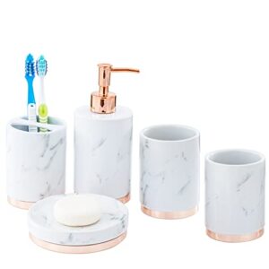 mygift 5 piece modern white ceramic bathroom accessory set with marbled design and rose gold accents, includes lotion pump dispenser, toothbrush holder, tumbler and soap dish