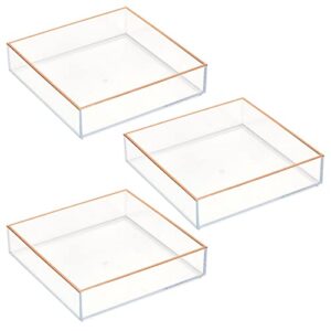 mDesign Plastic Drawer Organizer, Square Storage Tray for Cosmetics, Makeup, and Accessories on Vanity, Countertop, Bathroom, or Cabinet - 3 Pack - Clear/Rose Gold