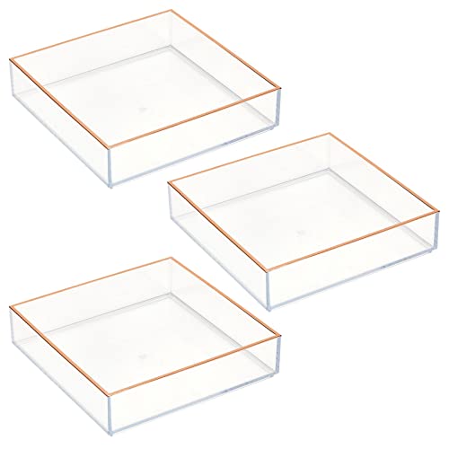 mDesign Plastic Drawer Organizer, Square Storage Tray for Cosmetics, Makeup, and Accessories on Vanity, Countertop, Bathroom, or Cabinet - 3 Pack - Clear/Rose Gold