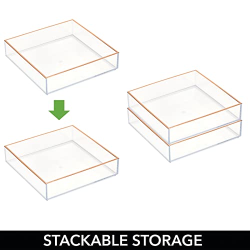 mDesign Plastic Drawer Organizer, Square Storage Tray for Cosmetics, Makeup, and Accessories on Vanity, Countertop, Bathroom, or Cabinet - 3 Pack - Clear/Rose Gold