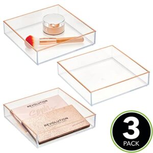 mDesign Plastic Drawer Organizer, Square Storage Tray for Cosmetics, Makeup, and Accessories on Vanity, Countertop, Bathroom, or Cabinet - 3 Pack - Clear/Rose Gold