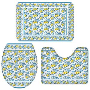 3 piece bathroom rugs sets lemon baroque non-slip toilet lid cover for bathroom yellow blue flowers watercolor absorbent contour mat with rubber backing floor mats for shower -large