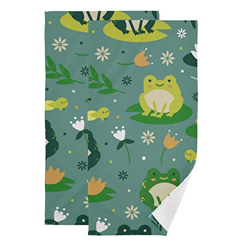 WELLDAY Cute Frogs Hand Towels Set of 2 Ultra Soft Face Towel Hand Cloth Absorbent Fingertip Bath Towels for Bathroom Hotel, Gym and Spa 28" X 14"