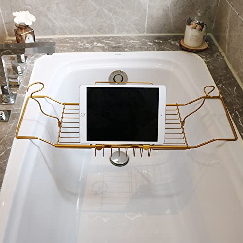 BESTHLS Bathtub Tray Caddy for Luxury Bath Expandable Extra Wide Bath Tub Tray with Wine Glass Holder & Soap Accessaries Holder & Laptop Reading and Organizer Ideal for Home Spa Lover (Copper)