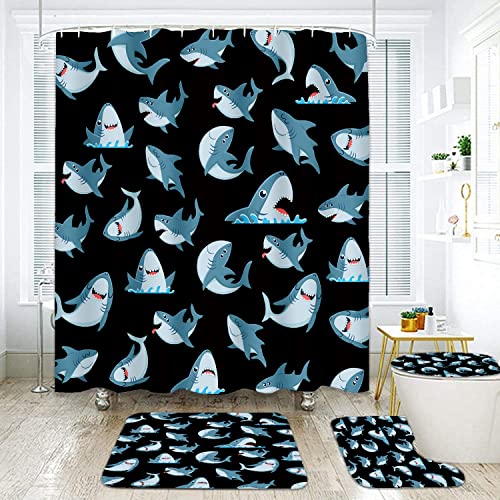 4 pcs Shark Shower Curtain for Bathroom, Black Shower Curtain Set with Rug, Toilet Cover, Bath Mat, Durable, Quick Dry, Washable, 12 Hooks - 72" x 72".