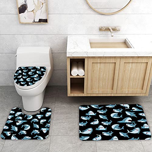 4 pcs Shark Shower Curtain for Bathroom, Black Shower Curtain Set with Rug, Toilet Cover, Bath Mat, Durable, Quick Dry, Washable, 12 Hooks - 72" x 72".