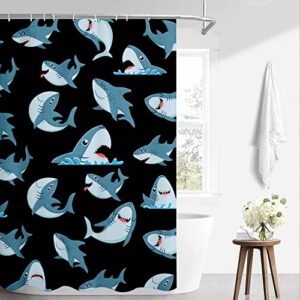 4 pcs Shark Shower Curtain for Bathroom, Black Shower Curtain Set with Rug, Toilet Cover, Bath Mat, Durable, Quick Dry, Washable, 12 Hooks - 72" x 72".