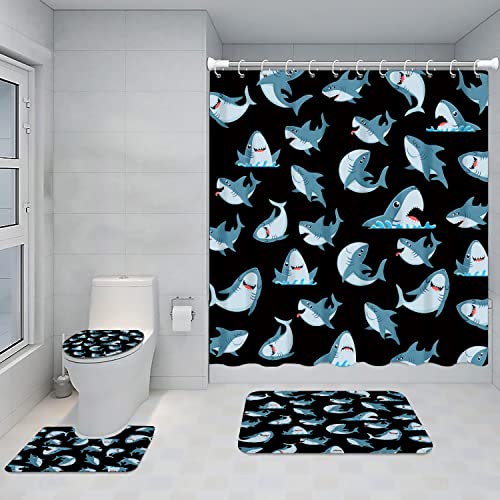 4 pcs Shark Shower Curtain for Bathroom, Black Shower Curtain Set with Rug, Toilet Cover, Bath Mat, Durable, Quick Dry, Washable, 12 Hooks - 72" x 72".