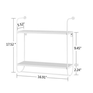 WELLAND 2-Tier Wall Mounted Bathroom Shelf with Towel Rack, 17" White Floating Shelves Towel Shelves Over Toilet Storage Shelving for Bathroom, Living Room, Kitchen