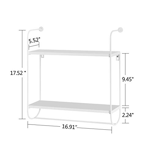 WELLAND 2-Tier Wall Mounted Bathroom Shelf with Towel Rack, 17" White Floating Shelves Towel Shelves Over Toilet Storage Shelving for Bathroom, Living Room, Kitchen