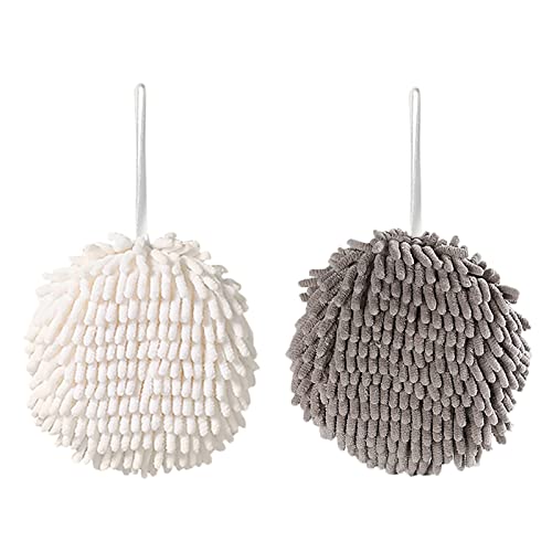 2 Pack Chenille Hanging Hand Towel Ball Soft Absorbent Microfiber Hand Towels Plush Quick-Drying Hanging Hand Towel Ball with Hanging Loops for Bathroom Kitchen, White and Gray