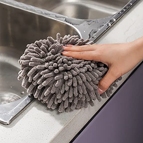 2 Pack Chenille Hanging Hand Towel Ball Soft Absorbent Microfiber Hand Towels Plush Quick-Drying Hanging Hand Towel Ball with Hanging Loops for Bathroom Kitchen, White and Gray