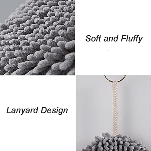 2 Pack Chenille Hanging Hand Towel Ball Soft Absorbent Microfiber Hand Towels Plush Quick-Drying Hanging Hand Towel Ball with Hanging Loops for Bathroom Kitchen, White and Gray