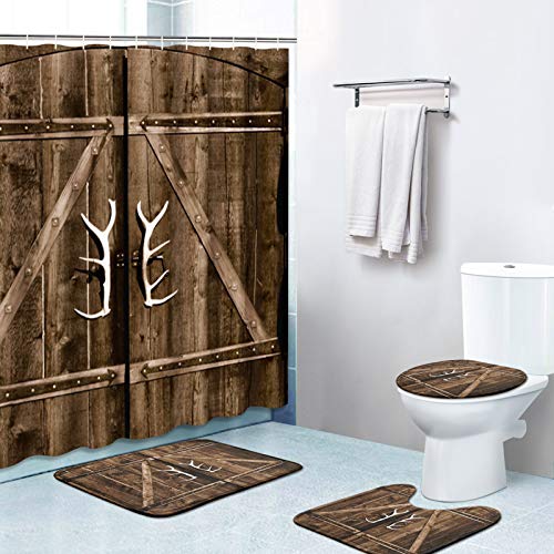 Britimes 4 Piece Shower Curtain Sets, Old Brown Wooden Door with Non-Slip Rugs, Toilet Lid Cover and Bath Mat, Durable and Waterproof, for Bathroom Decor Set, 72" x 72"