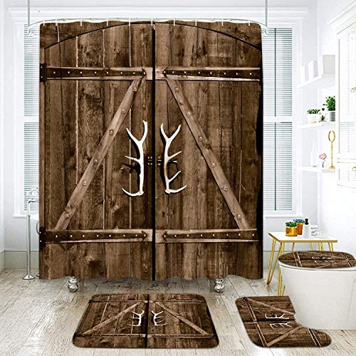 Britimes 4 Piece Shower Curtain Sets, Old Brown Wooden Door with Non-Slip Rugs, Toilet Lid Cover and Bath Mat, Durable and Waterproof, for Bathroom Decor Set, 72" x 72"